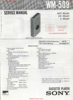 Sony WM-509 Service Manual PDF Free Download